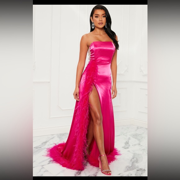 Fashion Nova | Dresses | Magenta Satin Dress With Feather Trim | Poshmark